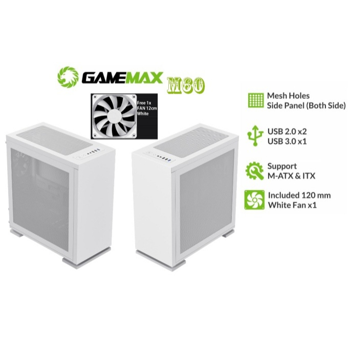 Jual PC Casing Gaming Full White GameMax M60 With Dual Mesh Side Panel ...
