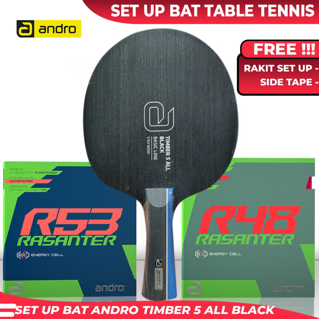 Jual Paket Bat Pingpong Rakitan Andro Timber 5 ALL Black Rasanter R53 R48 | Shopee Indonesia