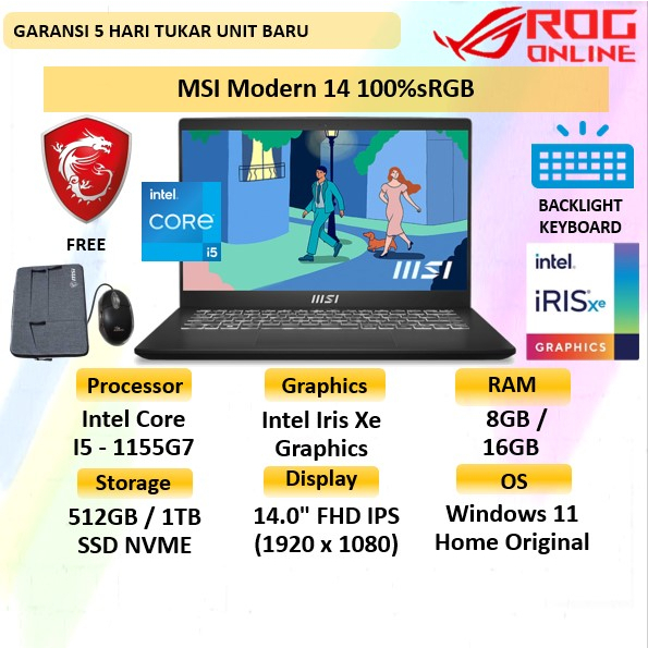 Jual MSI Modern 14 Core i5 1155G7 16GB 1TB SSD Windows 11 Home 14.0 ...