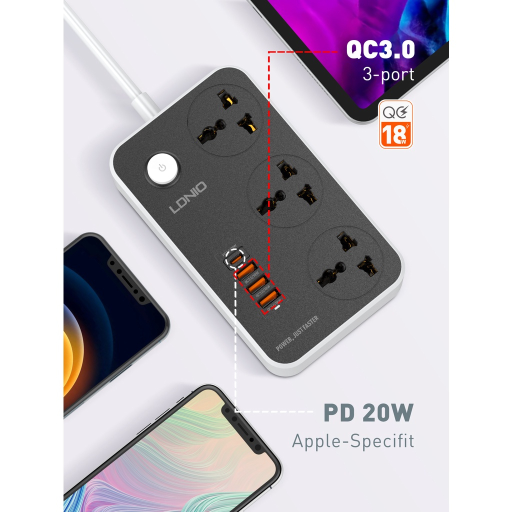 Jual LDNIO 3 Electrical Socket with 3 USB QC 3.0 and 1 USB-C PD 20W ...