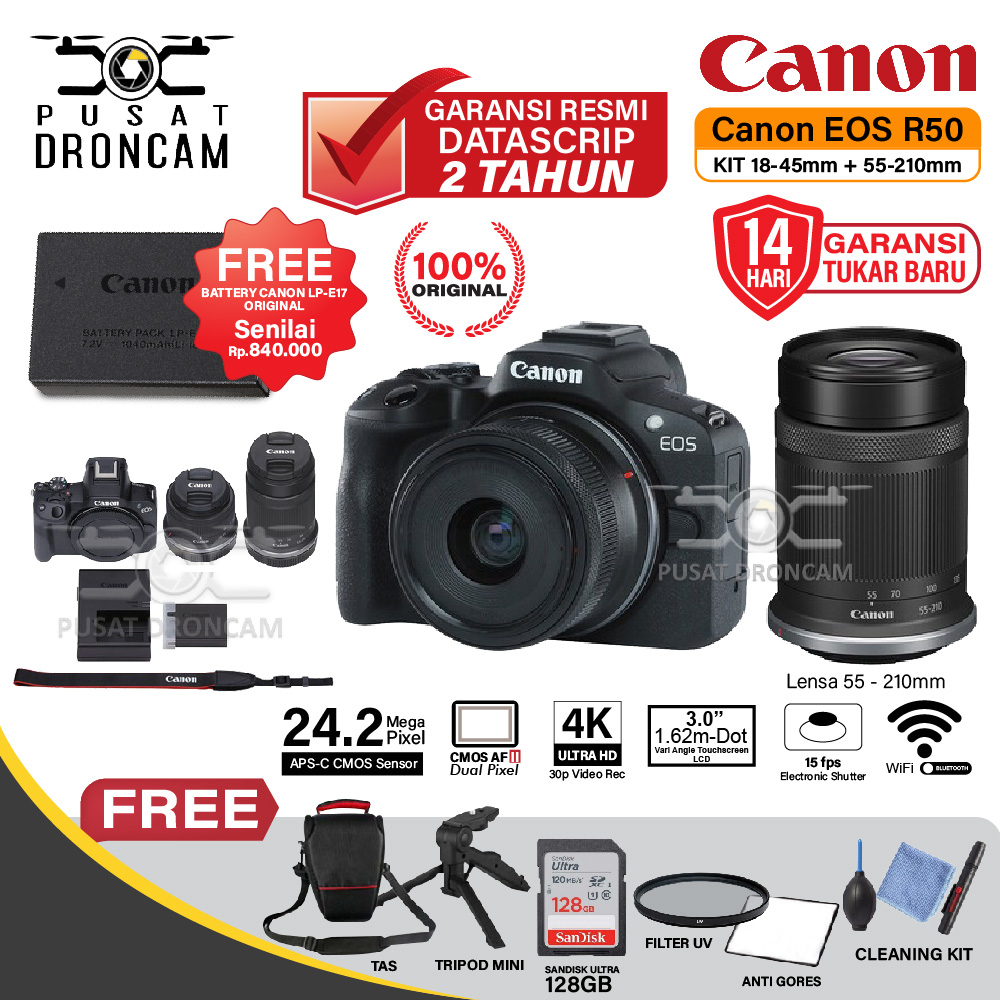Jual Canon EOS R50 kit 18-45mm+55-210mm Mirrorless Camera EOS R 50 ...