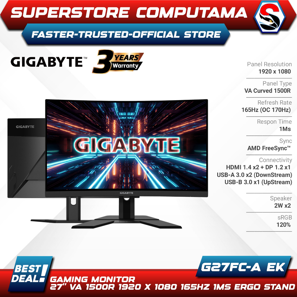 Jual Monitor LED Gaming Gigabyte G27FC A EK 27" VA Curve 165Hz 1Ms HDMI ...
