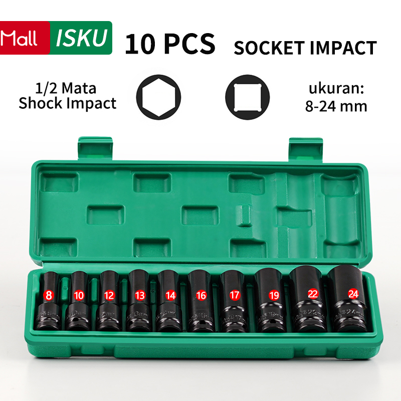Jual ISKU 10Pcs Mata Socket 8-24mm 1/2 Inch 6Pt Socket Impact Panjang 8-24mm Bahan Cr-V Impact ...