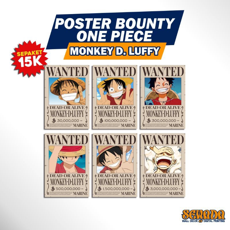 Jual Poster Bounty One Piece Monkey D Luffy Full Edition 1 Set 6 pcs Poster Wanted One Piece ...