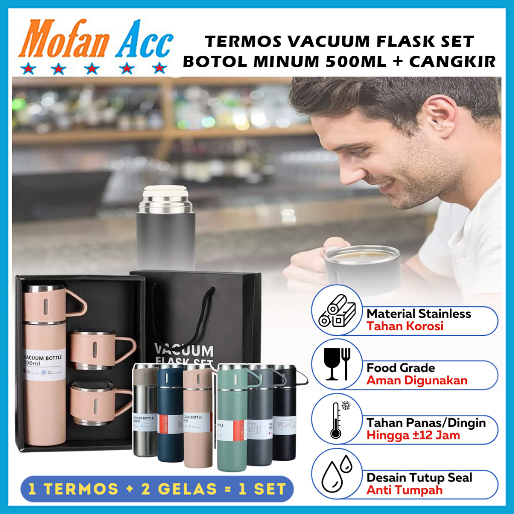 Jual (1Set) Termos Vacuum Flask 500ml FREE Cangkir 2pcs / Thermos Vacum ...