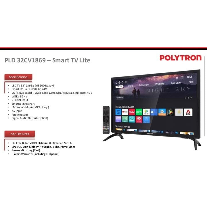 Jual LED Smart TV Lite Polytron 32CV1869 / 32CV2269 32 Inch Garansi Resmi | Shopee Indonesia