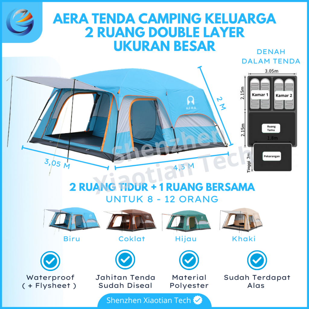 Jual TENDA KEMPING KELUARGA 8-12 ORANG / FAMILY TENT 2 RUANG UKURAN ...