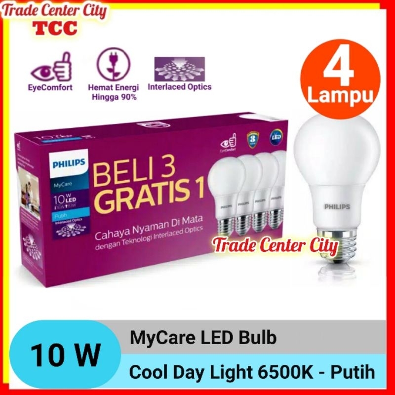 Jual Paket isi 4 Lampu LED Philips 10 watt MyCare Bulb Cahaya Putih 6500K Bohlam 10 w Hemat ...