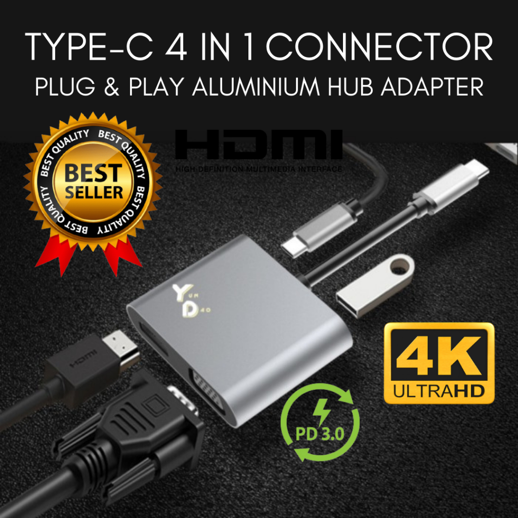 Jual USB Hub 4 IN 1 Converter USB C Type-C To HDMI VGA USB Type C ...