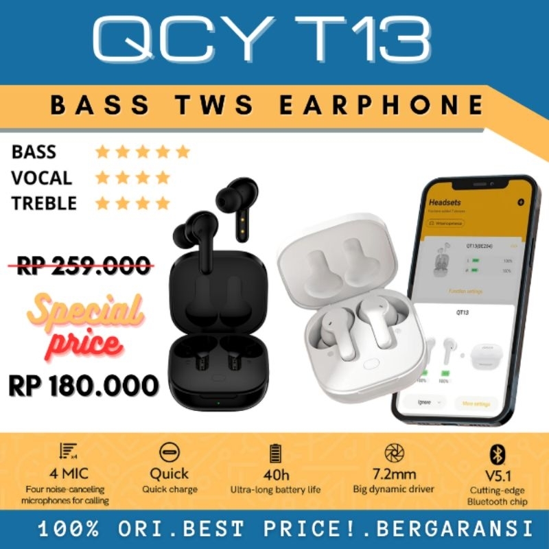 Jual QCY T13 Bass TWS Earphone 4 Mic ENC Clear Calls Hifi Sound Wireless Headset Original ...