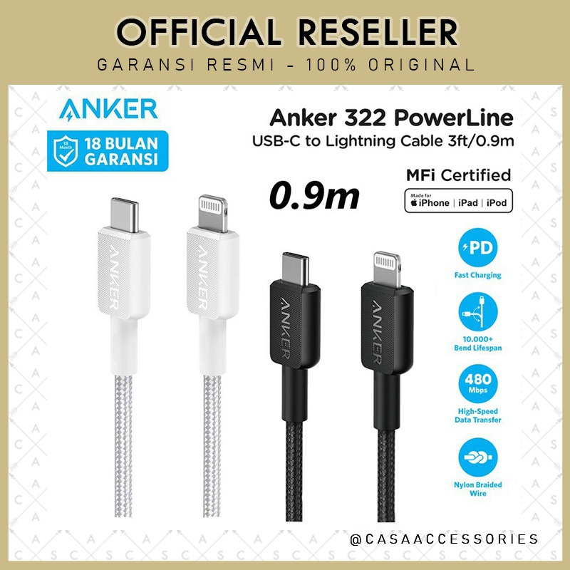 Jual Anker 322 USB-C to Lightning Kabel Data Cable 3ft 0.9m Braided ...