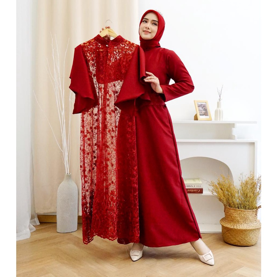 Jual Georgina Set Setelan Gamis 2in1 Warna Merah Maroon Inner Outer Brukat Brokat Tile Tulle ...