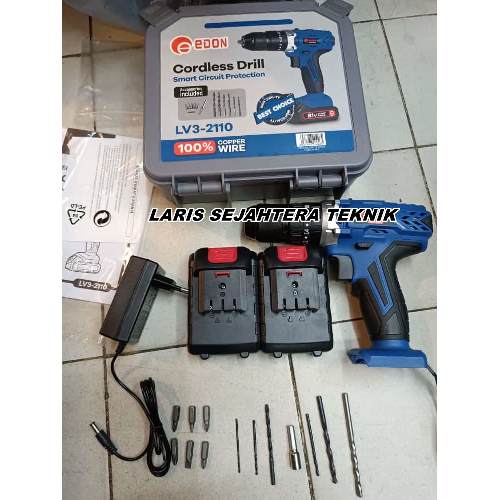 Jual Mesin Bor Cordless Baterai 21V Edon LV3-2110 Koper 2 Battery ...