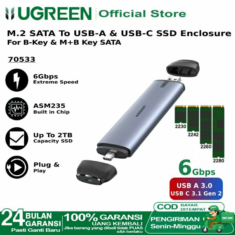Jual Ugreen casing SATA M2 SSD Enclosure 3.1 USB A + USB C | Shopee ...