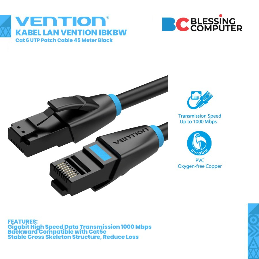Jual KABEL LAN VENTION IBKBW Cat 6 UTP Patch Cable 45 Meter Black ...