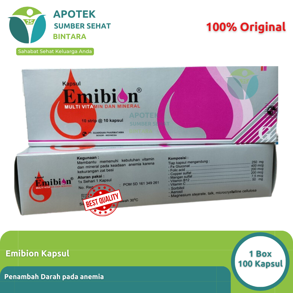 Jual Emibion Vitamin Penambah Darah Anemia 1 Box 100 Kapsul | Shopee ...