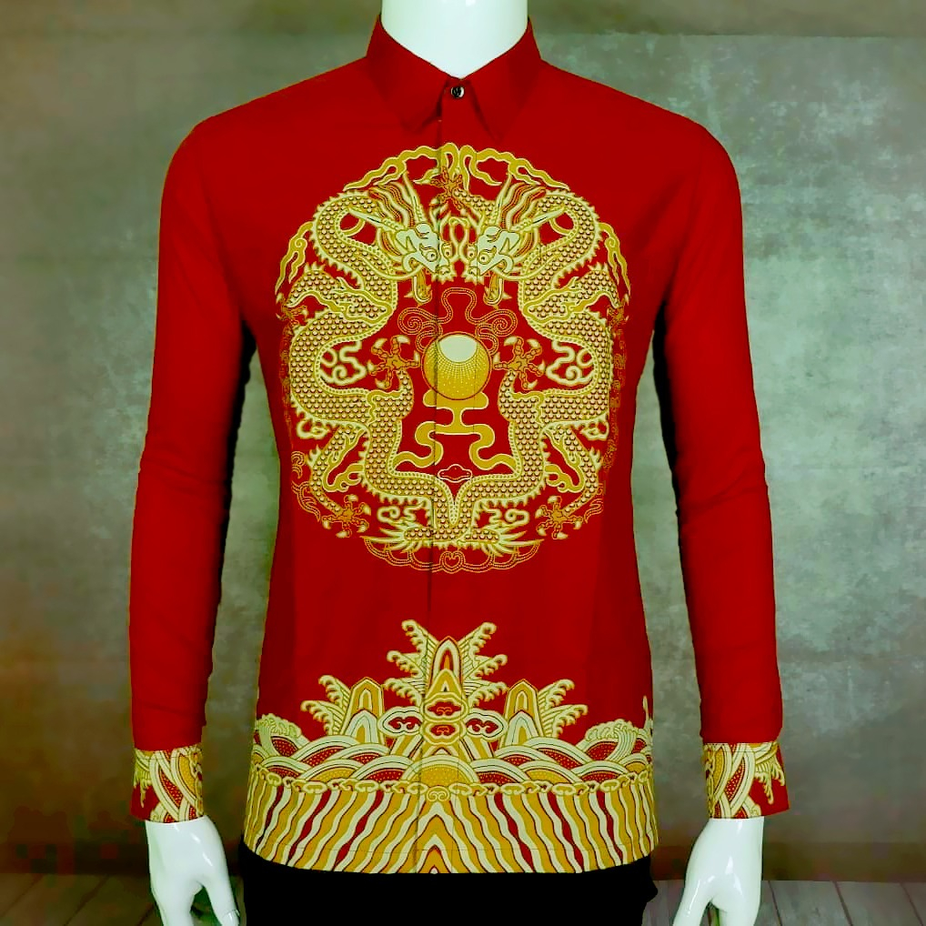 Jual Kemeja Batik SOLO Slimfit (PO) motif naga bulat warna merah cabai ...