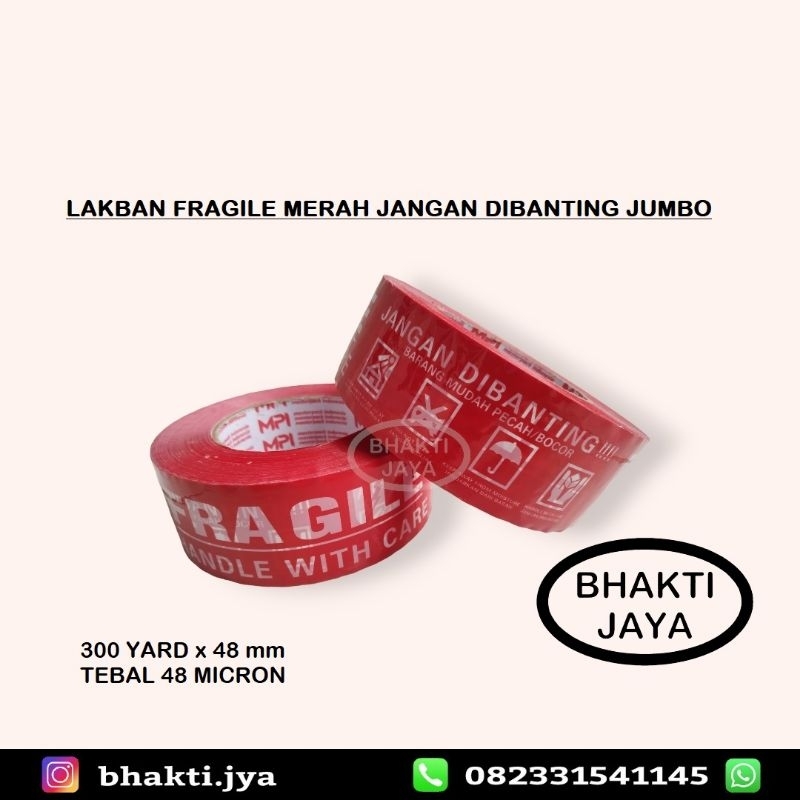 Jual Lakban Fragile Merah Jangan Dibanting Jumbo | 300 Yard x 48 mm ...