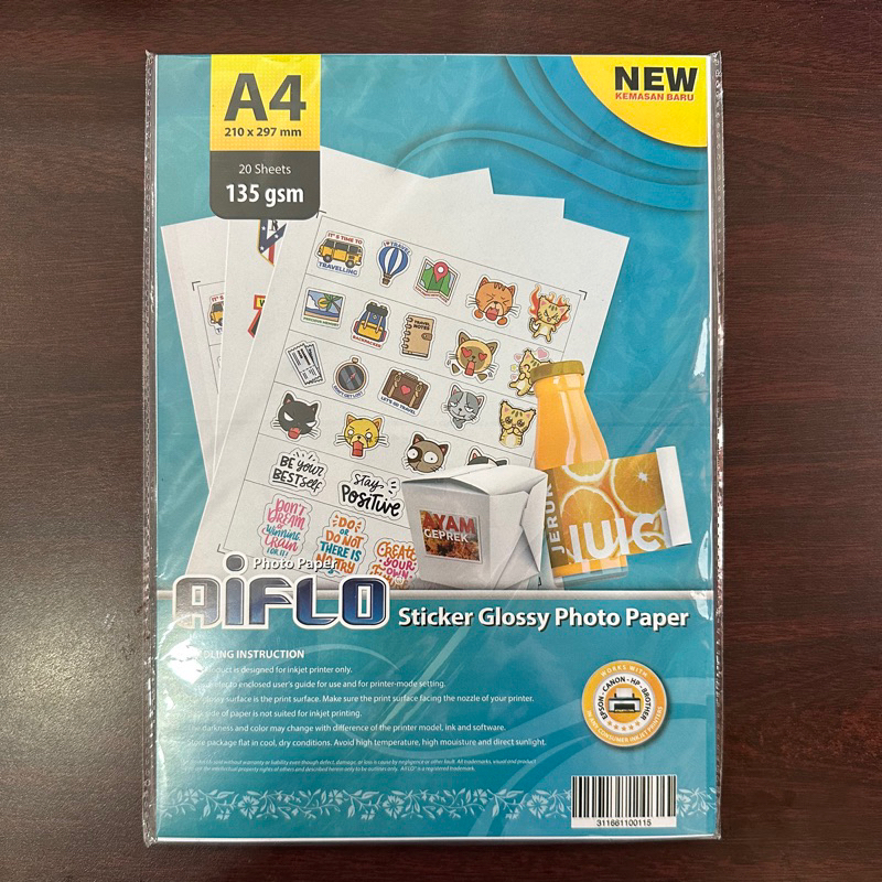 Jual KERTAS FOTO STICKER AIFLO GLOSSY 135 GRAM 20 LEMBAR | Shopee Indonesia
