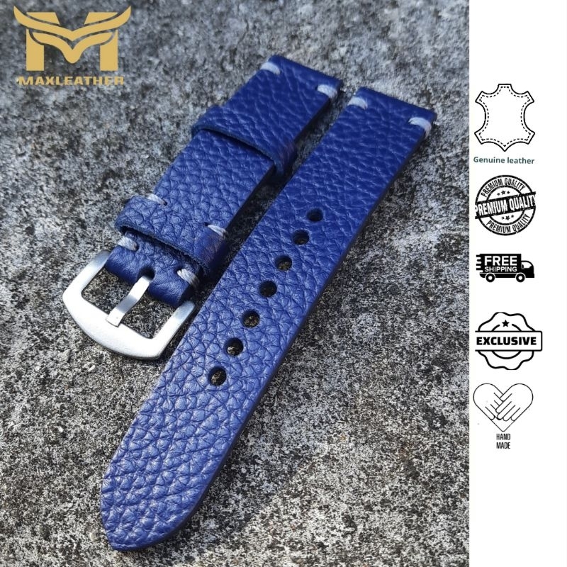 Jual tali jam kulit asli, strap jam, strap kulit navy motif jeruk, tali ...