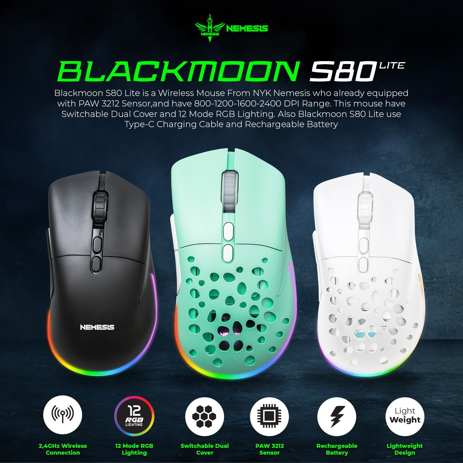 Jual Mouse Gaming Wireless NYK Nemesis S80 Lite Blackmoon / NYK S80 ...