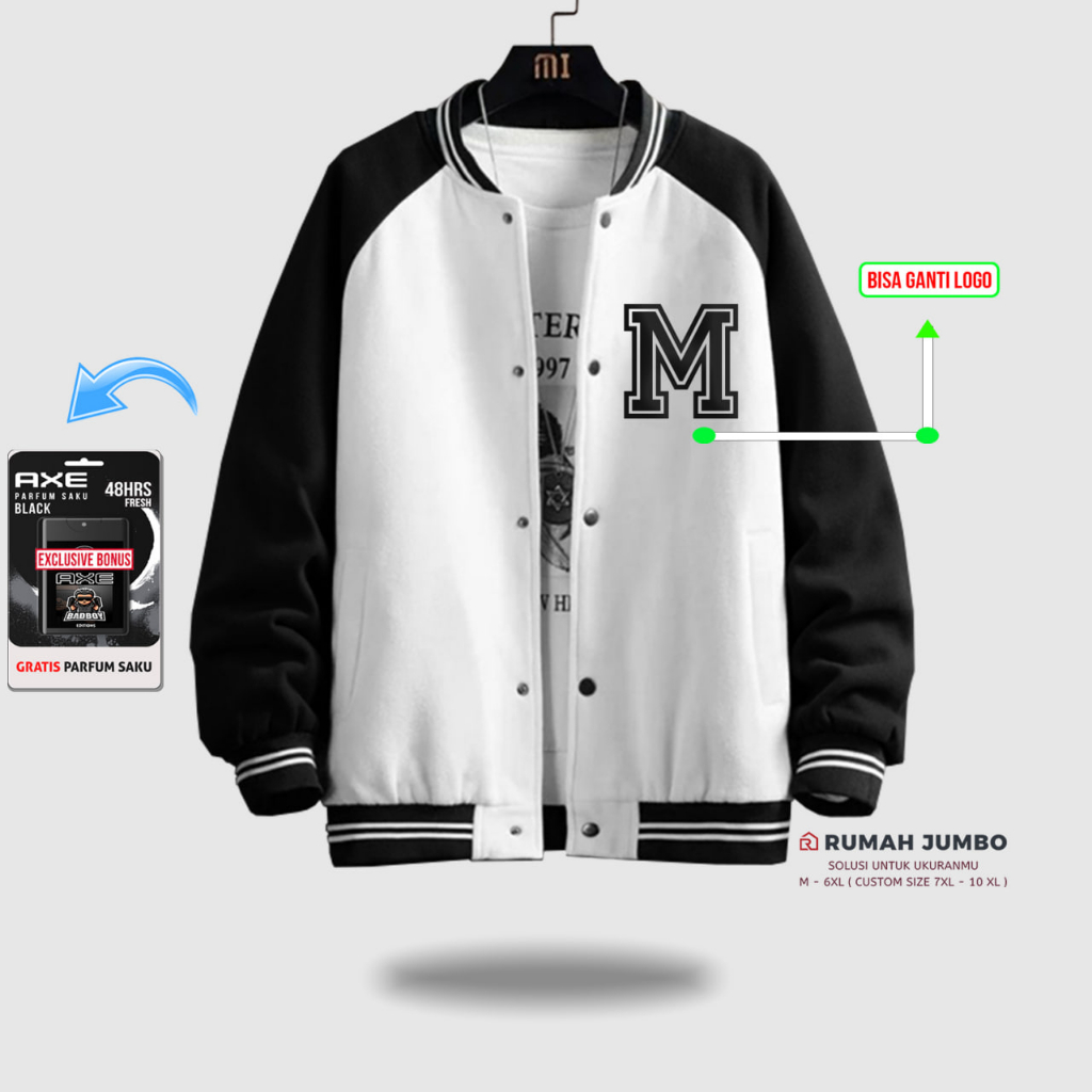 Jual Jaket Varsity Raglan Putih Hitam Custom Nama/Huruf Oversize (M ...