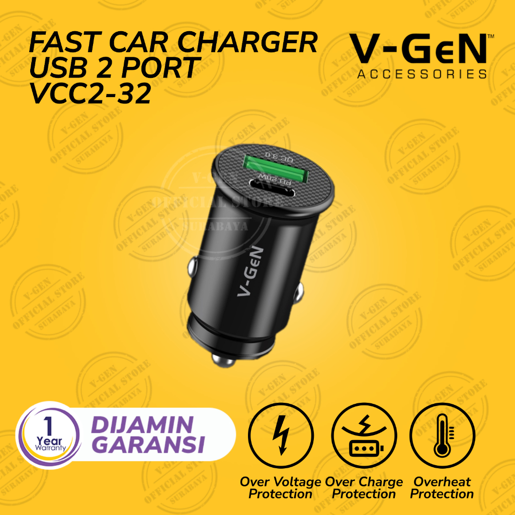 Jual Car Charger V-GeN VCC2-32 Dual Fast Charging QC 3.0 PD 20W USB ...