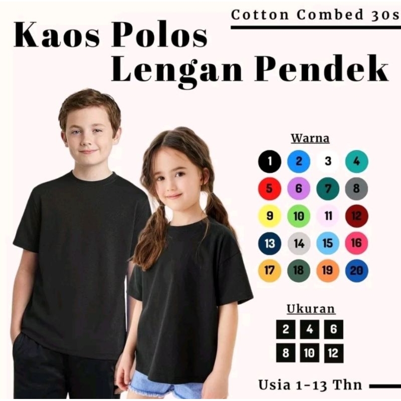Jual 0Kaos Polos Anak Lengan Pendek Cotton Combed 30s Baju Kaos Kids / Kaos Oblong Anak Unisex ...
