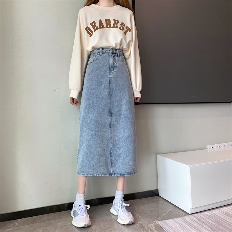 Jual COD Emily Rok-Rok Jeans A-Line Midi Biru muda Highwaist Fashion ...