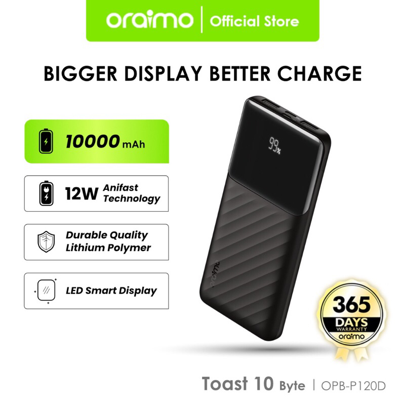 Jual Oraimo OPB-P120D Toast 10 Byte LED Display Powerbank 10000mAh Dual ...