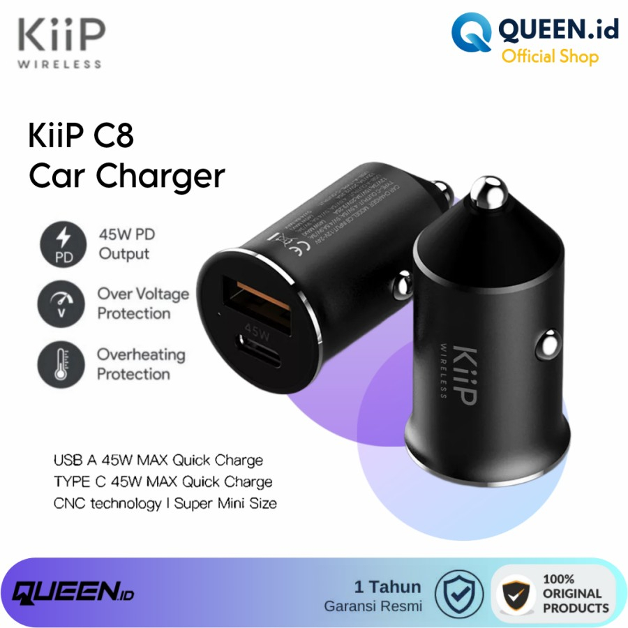 Jual KiiP Wireless C8 Car Charger Mobil 45W Dual Port USB + TYPE C Fast ...