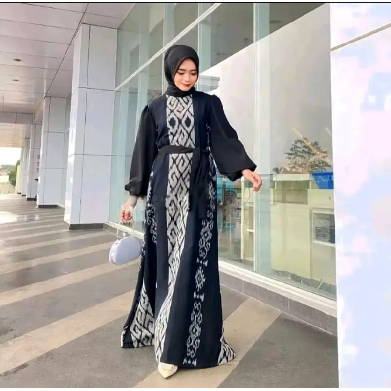 Jual Dress raya tenun lengan balon-Dress tenun- Gamis tenun-Baju ...