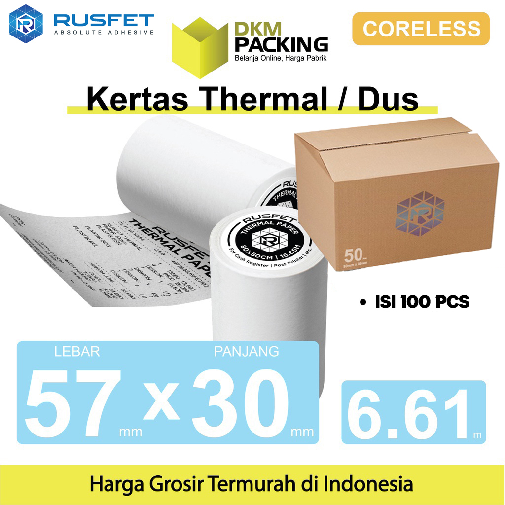 Jual Kertas Thermal Printer Paper CORELESS Resi Barcode EDC POS 57x30mm ...