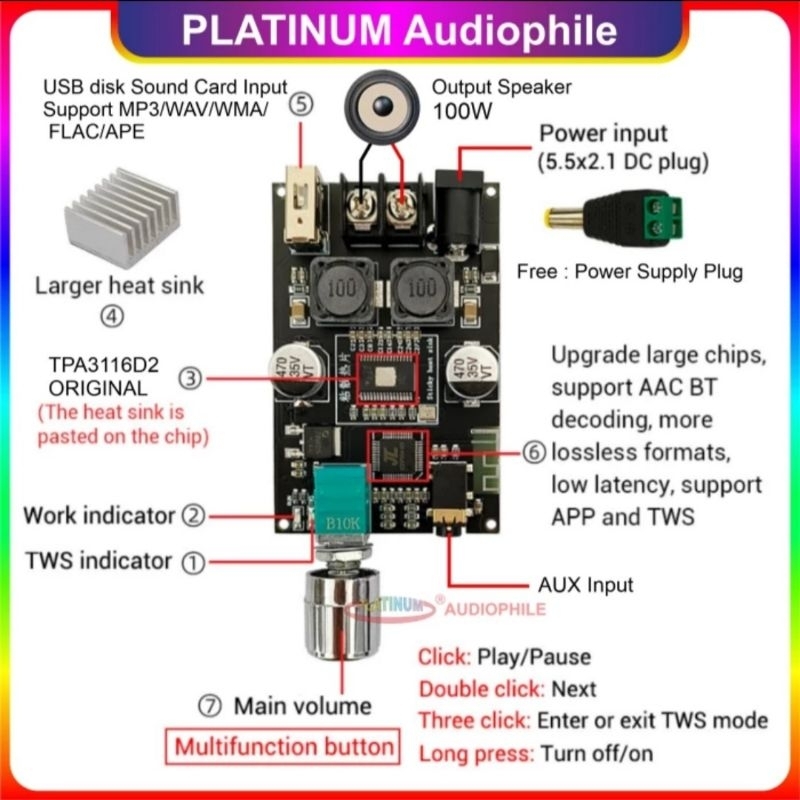 Jual TPA3116 Amplifier Class D 100W TWS Bluetooth 5.1 Hifi Class D ...