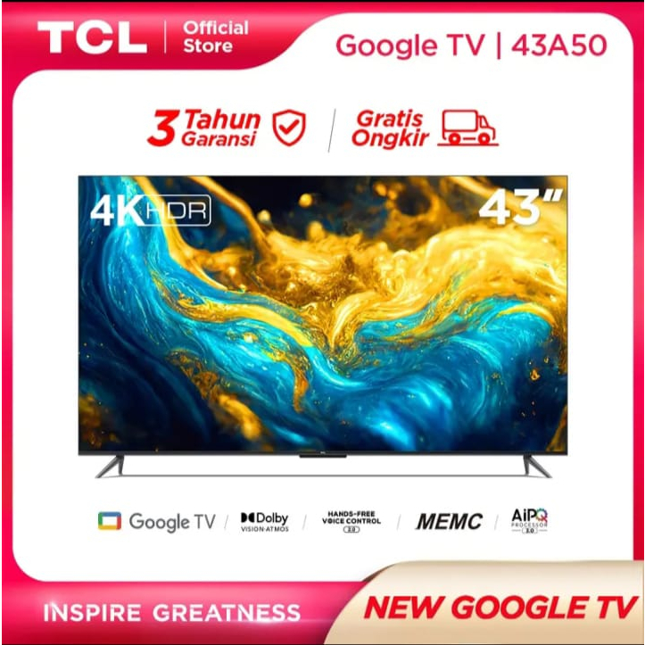 Jual TCL 43A50 Google TV Smart Android 4K Dolby HFVC 2.0 MEMC 43" inch ...