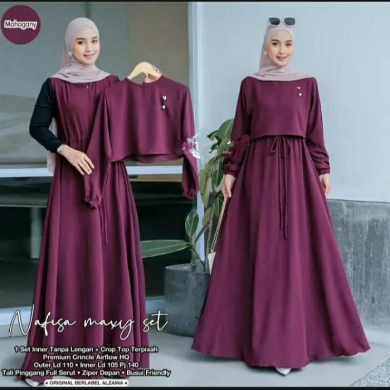 Jual NAFISA maxy set 2in1 inner + outer crop setelan gamis polos ...