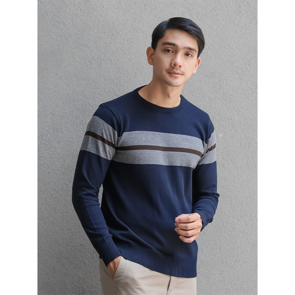 Jual Gomuda Sweater Rajut Pria Crewneck Stripe Blur - Grey Coffee ...