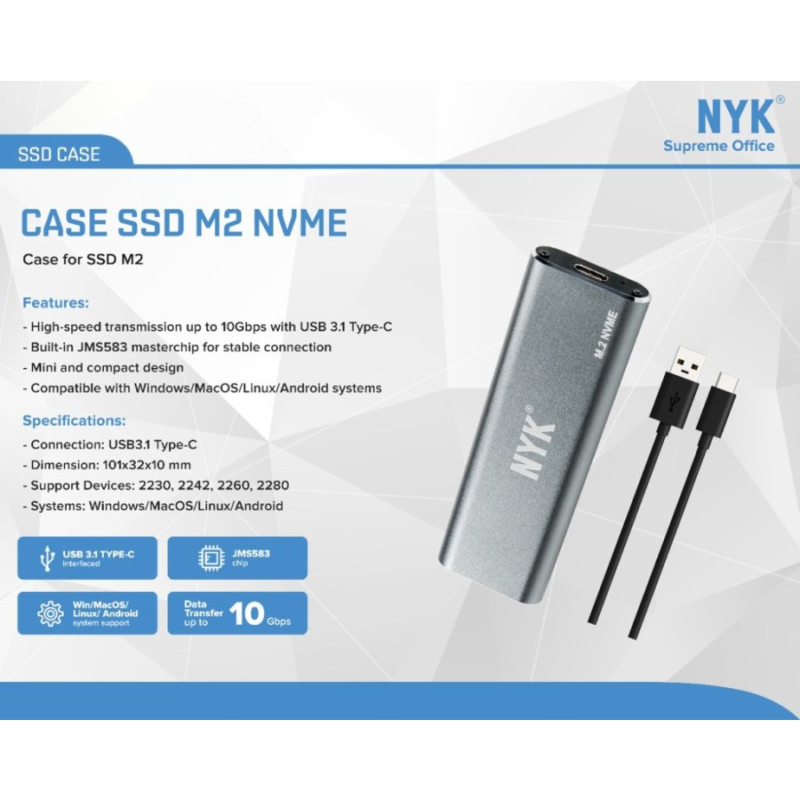 Jual Casing ssd m2 m.2 nvme external nyk aluminum type-c 10Gbps ...
