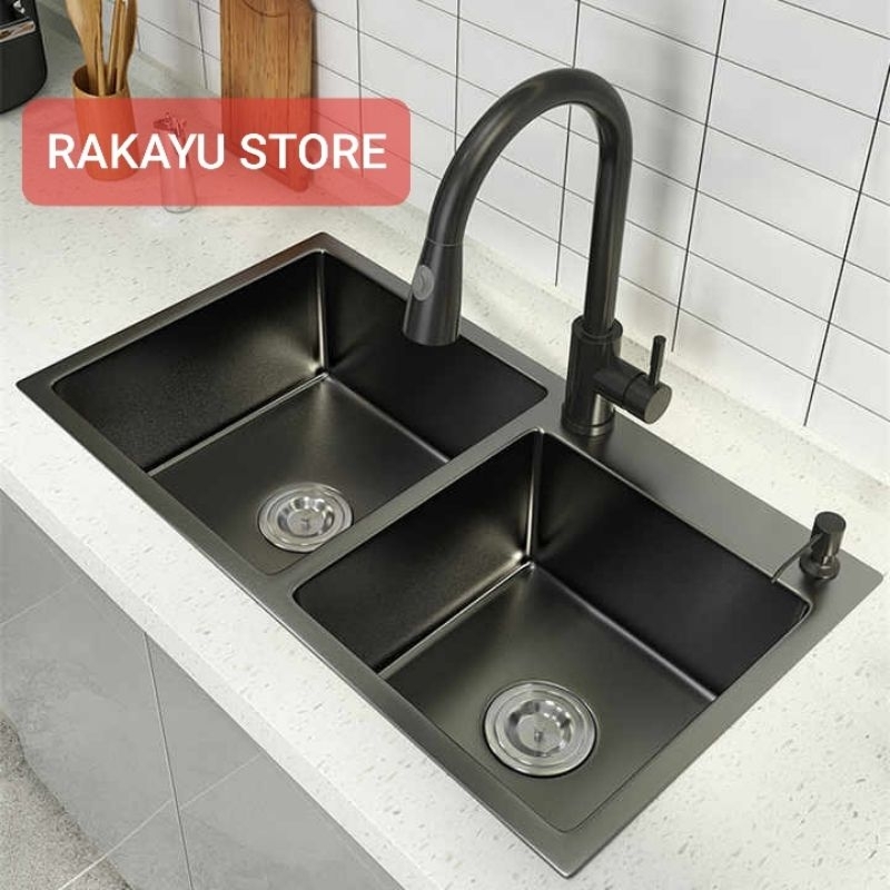 Jual BAK CUCI PIRING KITCHEN SINK WASTAFEL 2 LUBANG HITAM 75 x 40 PAKET ...