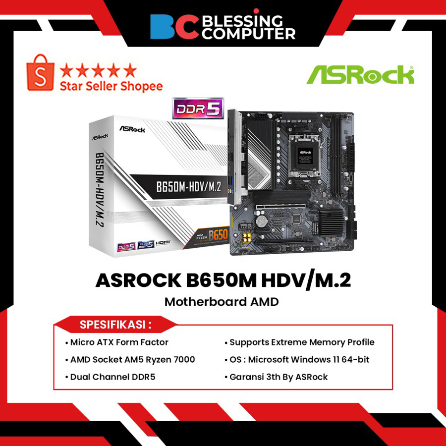 Jual Motherboard ASROCK B650M HDV/M.2 90-MXBLA0-A0UAYZ | Shopee Indonesia
