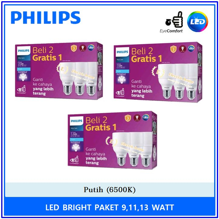 Jual PAKET ISI 3 LAMPU PHILIPS LED BRIGHT 9W 11W 13W PUTIH BUNDLING ...