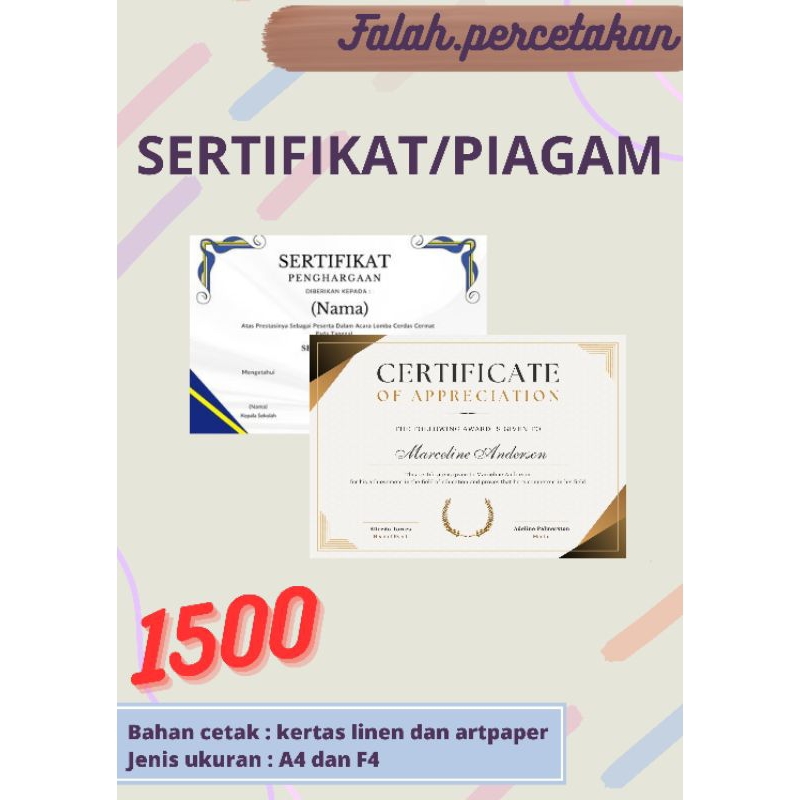 Jual CETAK SERTIFIKAT dan PIAGAM MURAH, | Shopee Indonesia
