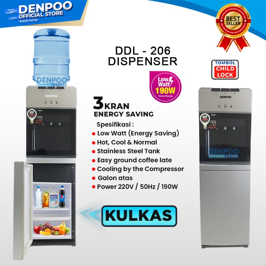 Jual Denpoo Dispenser Galon Atas Dilengkapi Kulkas Compressor DDL 206 ...