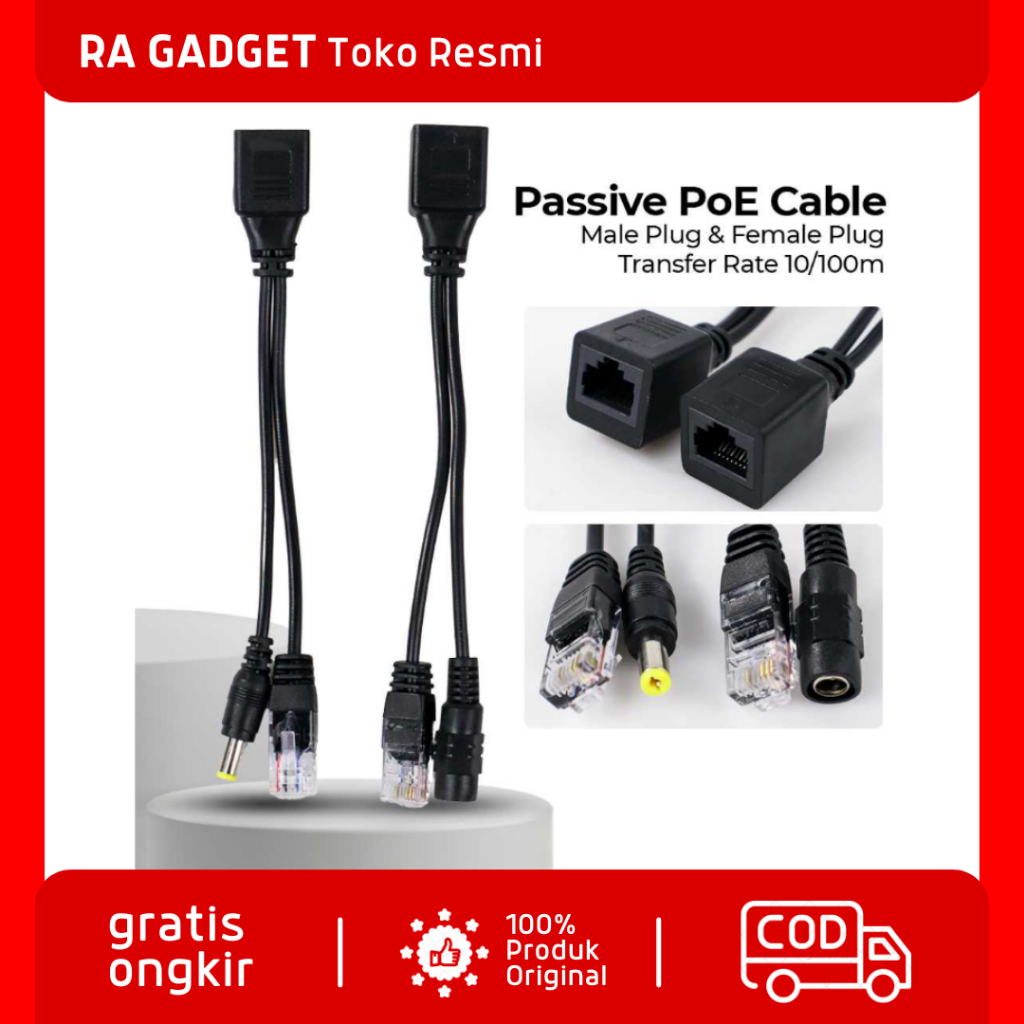 Jual Passive PoE Power Over Ethernet Cable with Male & Female Power ...