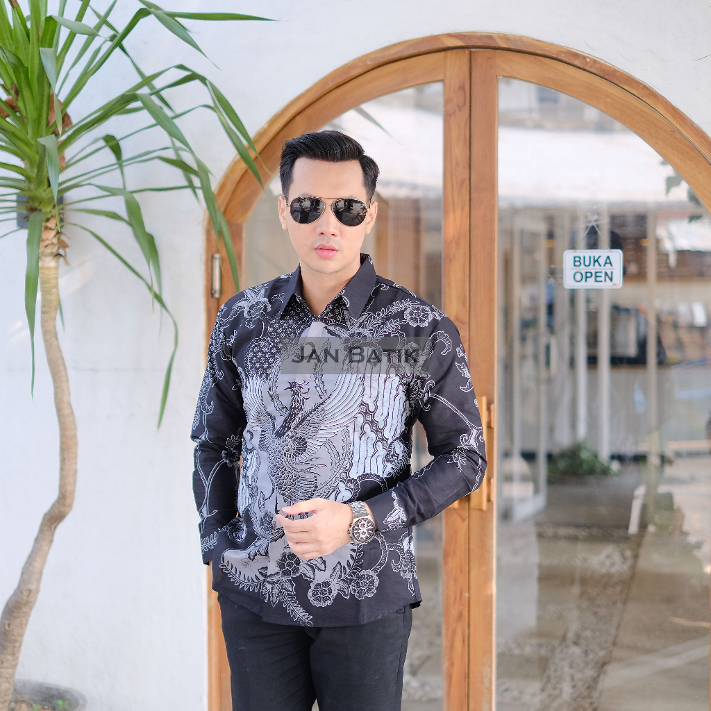 Jual baju batik pria lengan panjang hitam kemeja Slimfit Atasan ...