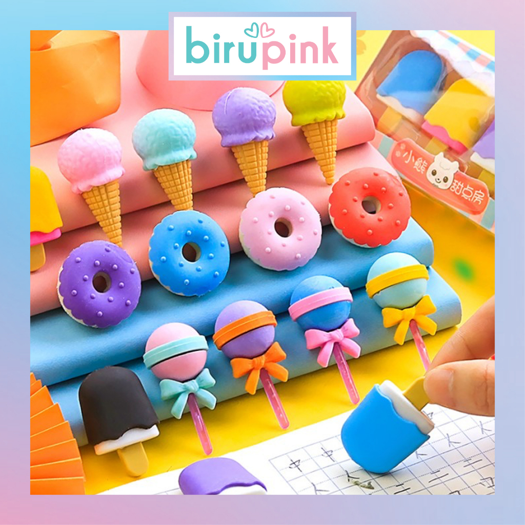 Jual BiruPink Penghapus Es Krim Sweet Shop Set Hapusan Pensil Lucu ...