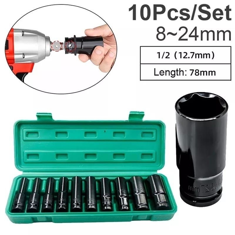 Jual Shock sok shok Impact Socket Set 10Pcs 1/2 Inch 8-24MM Panjang ...