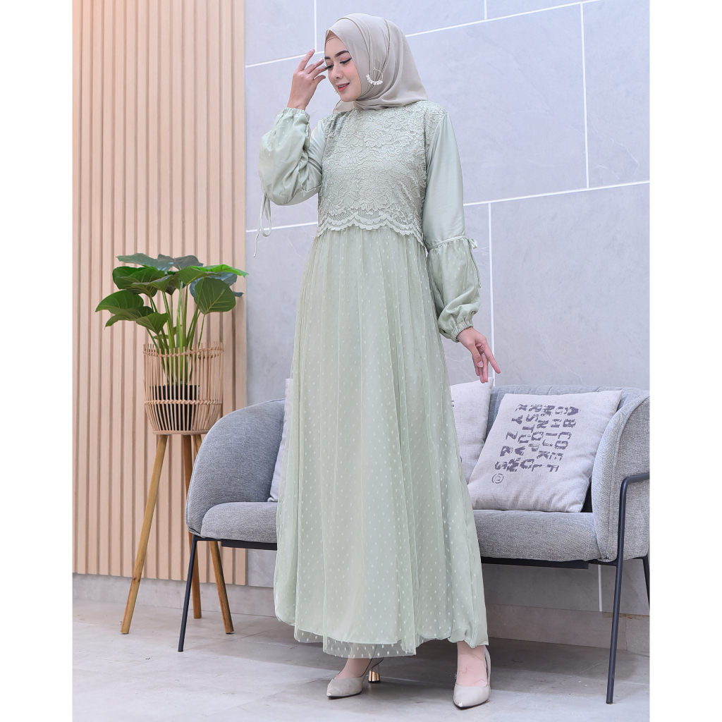 Jual Dress Kondangan Mewah Bahan Satin Mix Tile DOT SAFEEA Dress Gamis Kondangan Baju Pesta ...