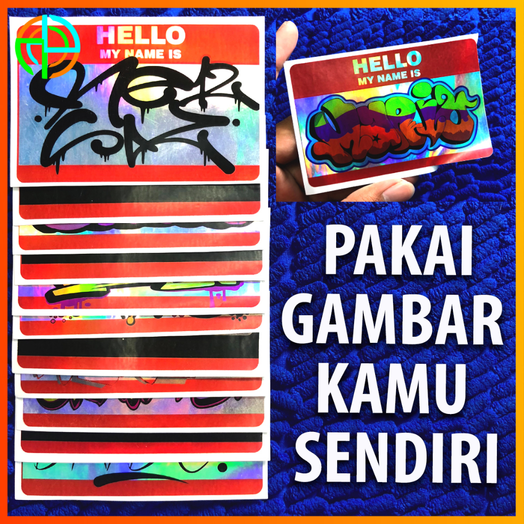 Jual (isi 18 pcs) Sticker Hologram Hello My Name Is Custom Gambar ...