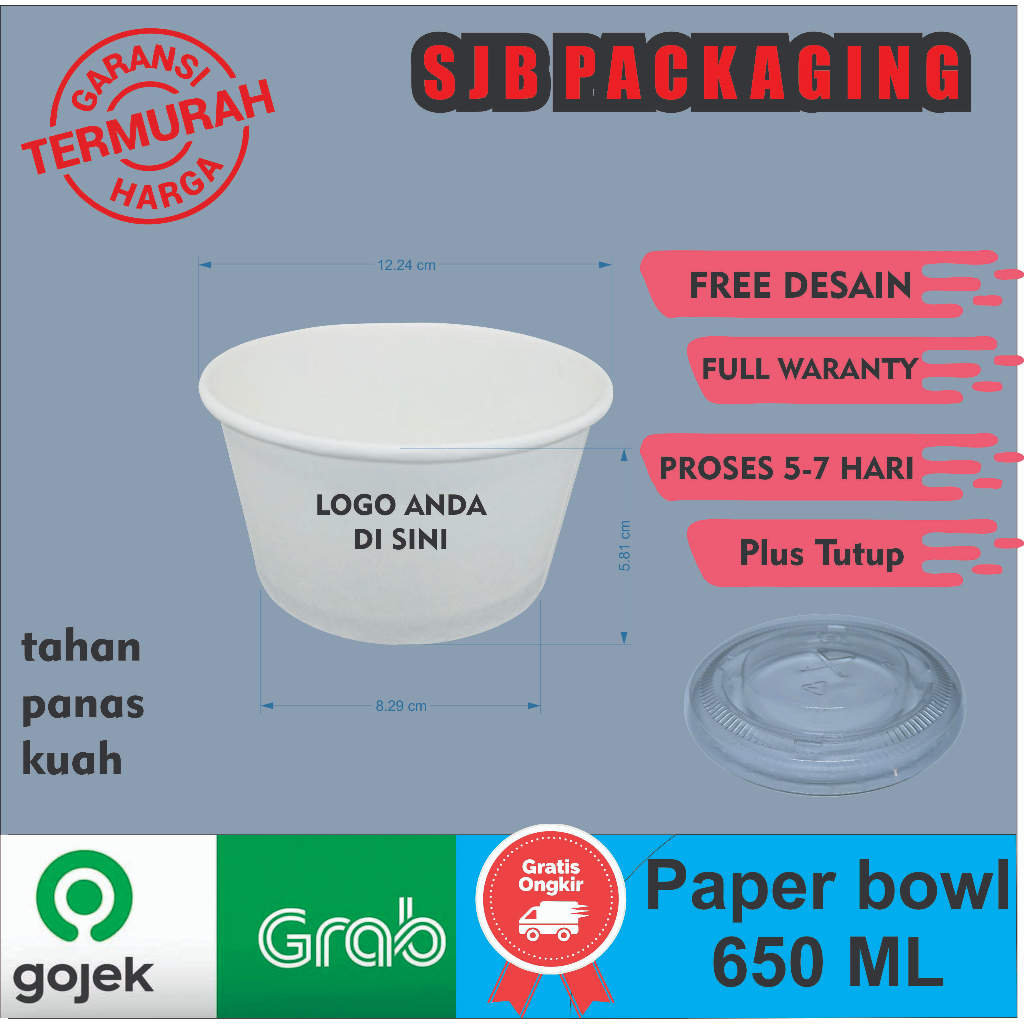 Jual khusus 500 pcs sablon paper bowl 650 ml 1 warna logo custom free ...
